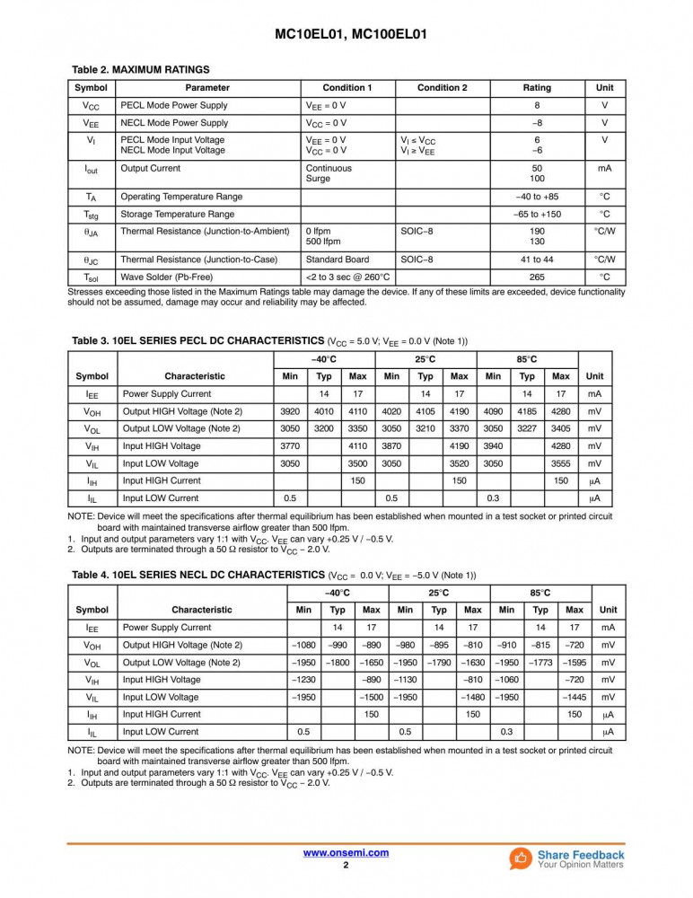 MC10EL01 datasheet page 2