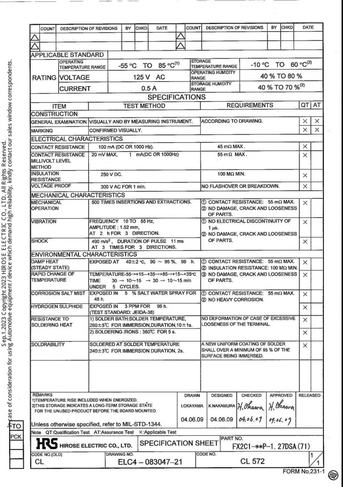 HRS FX2C1-80P-1.27DSA(71) specification sheet