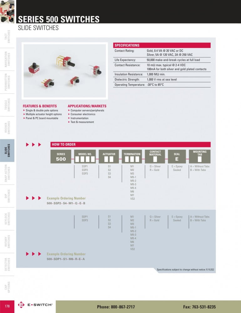 E-Switch 500 Series technical document page 1