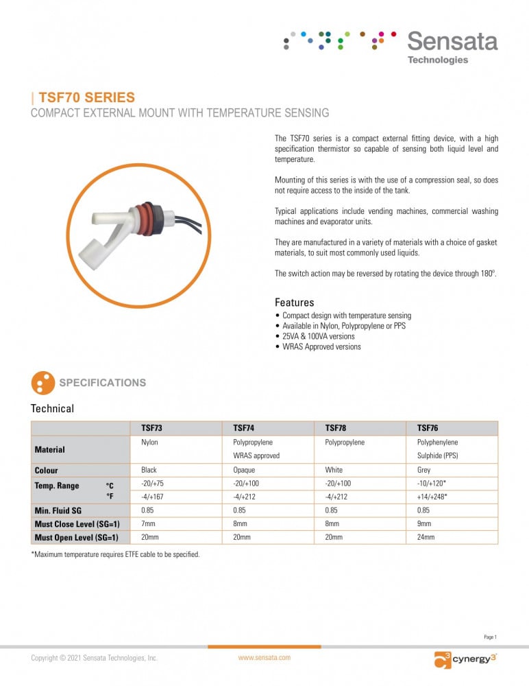 TSF70 series product document page 1
