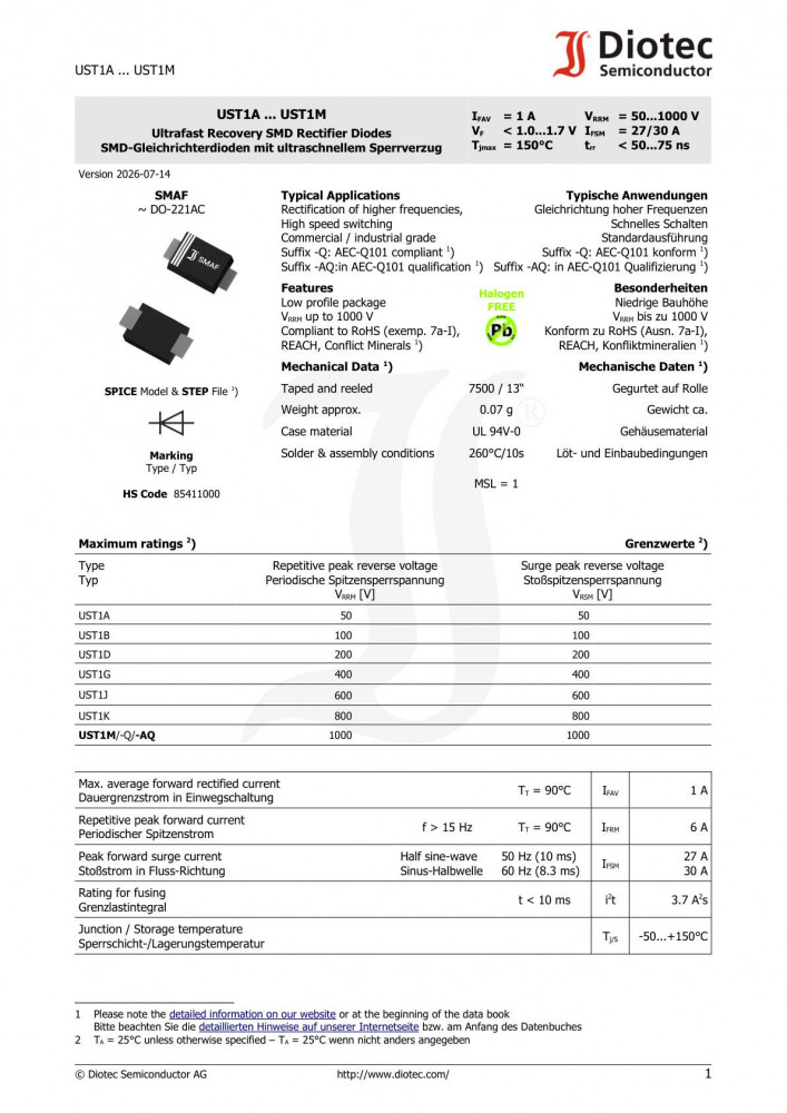 DIOTEC UST1 series datasheet page 1