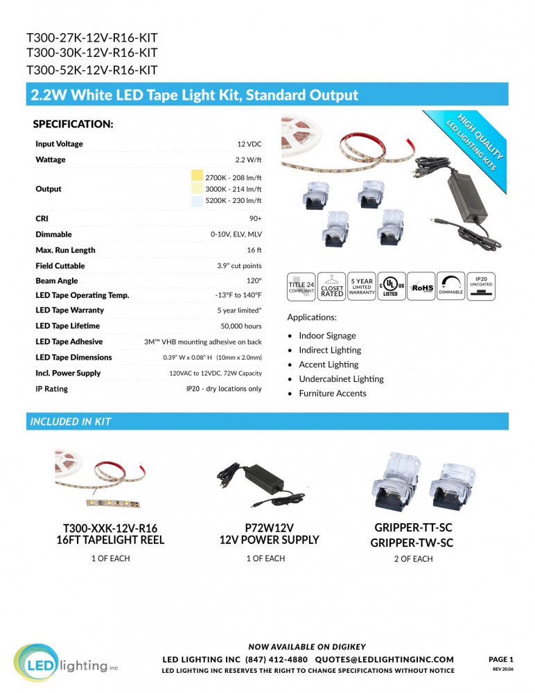 T300 white LED tape light kit technical document, page 1