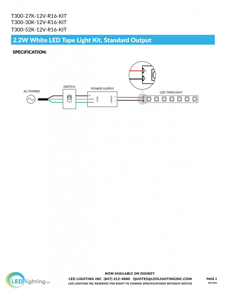 T300 white LED tape light kit technical document, page 2
