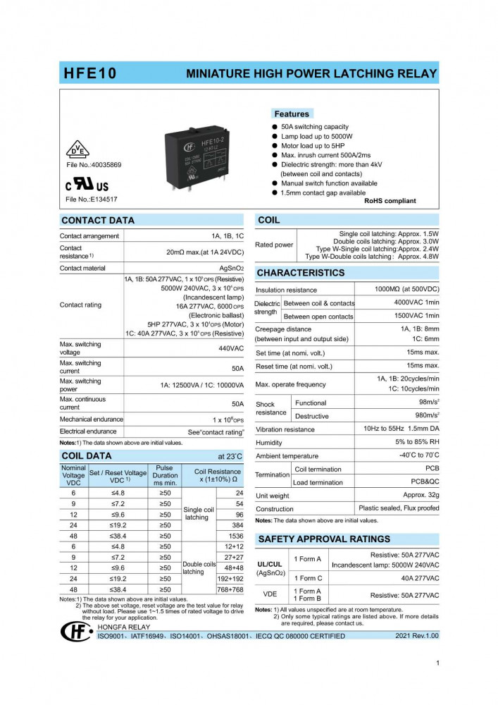 HFE10 relay datasheet page 1