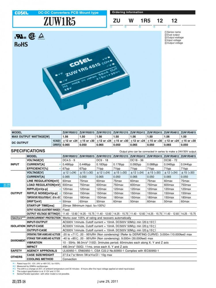 Cosel ZUW series datasheet page 1