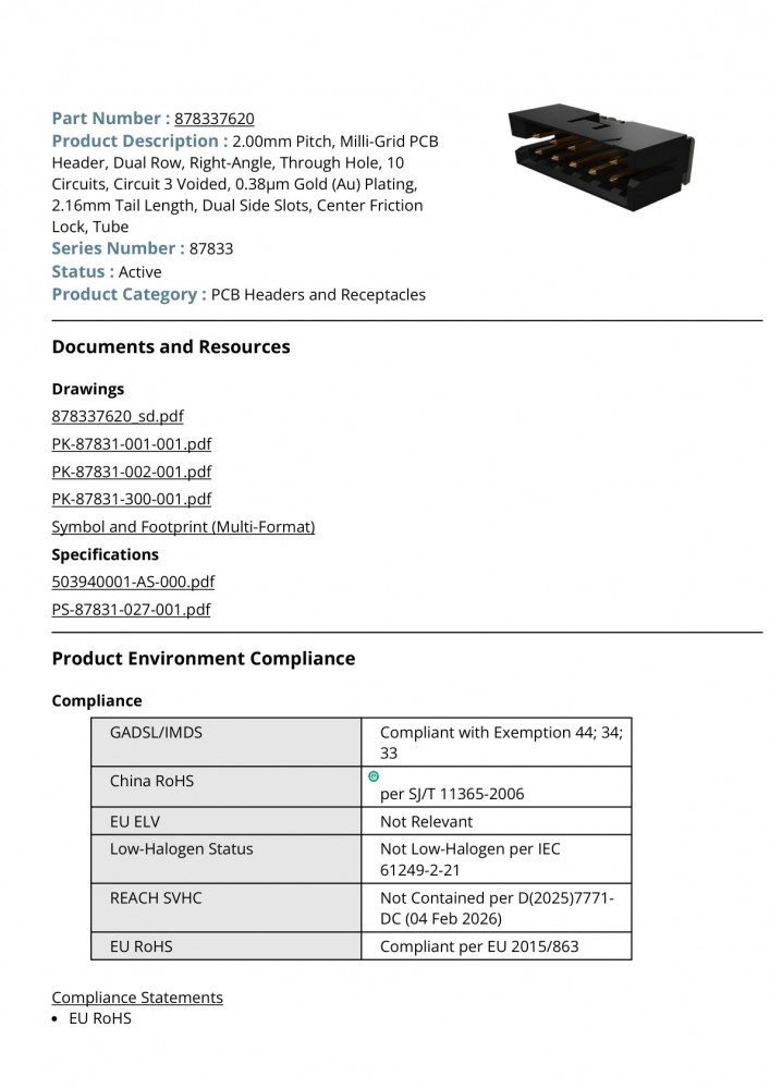 MOLEX 878337620 technical document preview 1