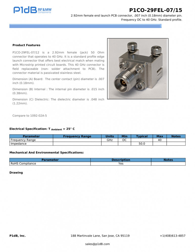 P1CO 2.92 mm edge-launch connector technical document page 1