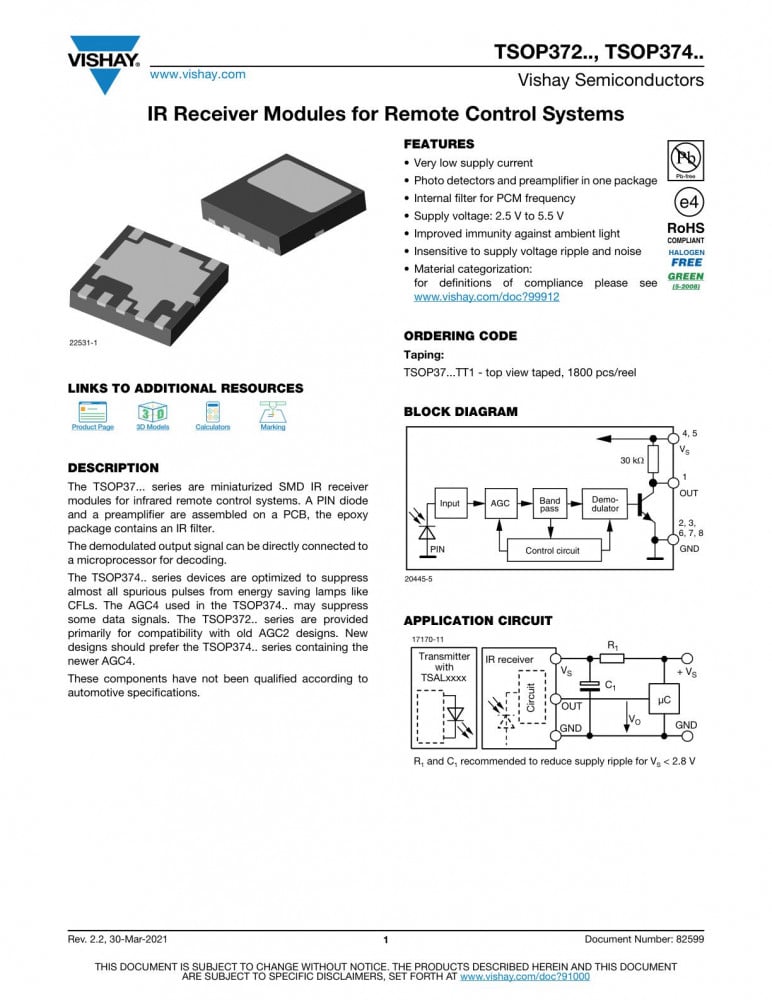 TSOP37236TT1 datasheet page 1