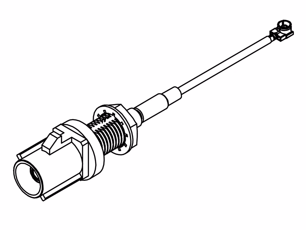 FAKRA SMB Straight Jack IP67 Keying Code D Bordeaux Violet to MCRF Right-Angle Plug pn 1.32mm Cable, 95.00mm Length, 50 Ohms