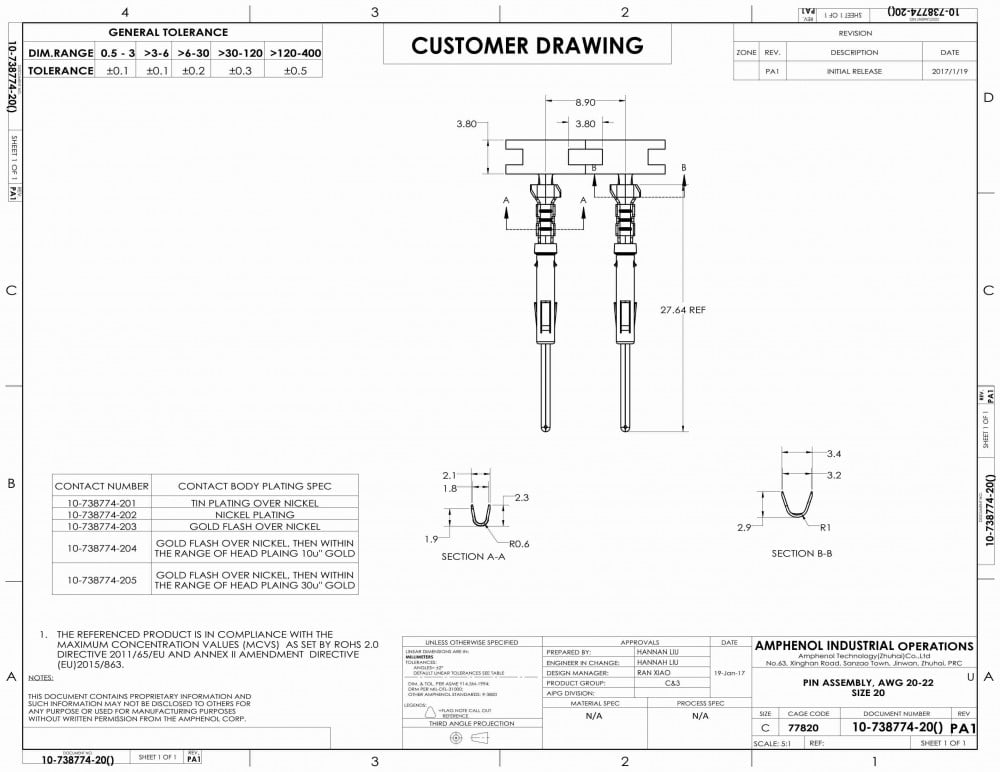 Amphenol C10-738774-201 customer drawing preview