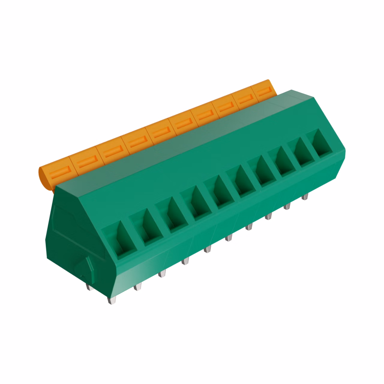 5.08mm Pitch, Eurostyle Fixed-Mount Push-Button Terminal Block, 45° Modular, 18A, 26-14 AWG, Green, 10 Circuits for sale