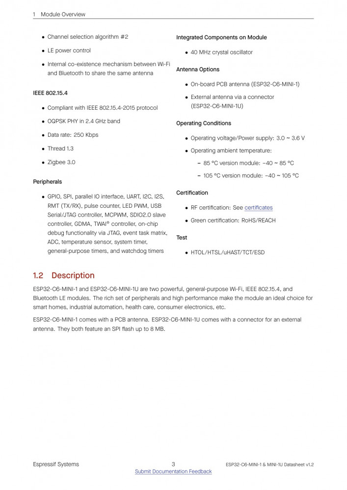 ESP32-C6-MINI-1-H8 datasheet page 3