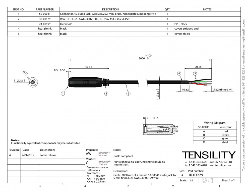 Tensility International 10-03229 cable assembly drawing