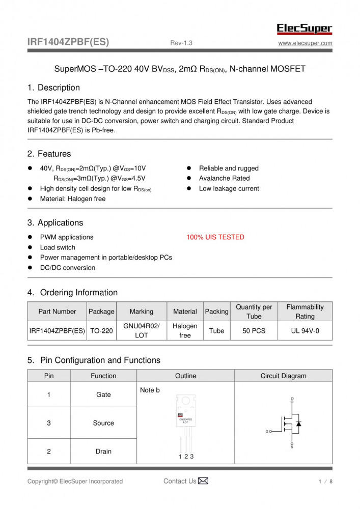 IRF1404ZPBF(ES) datasheet page 1