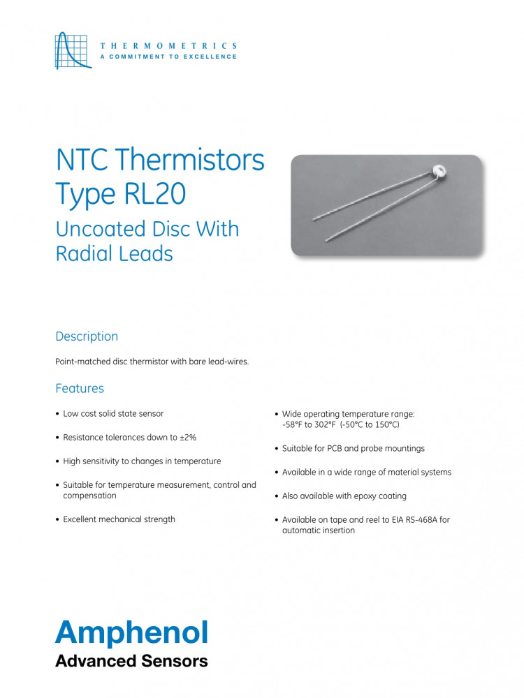 Amphenol RL20 NTC thermistor datasheet page 1