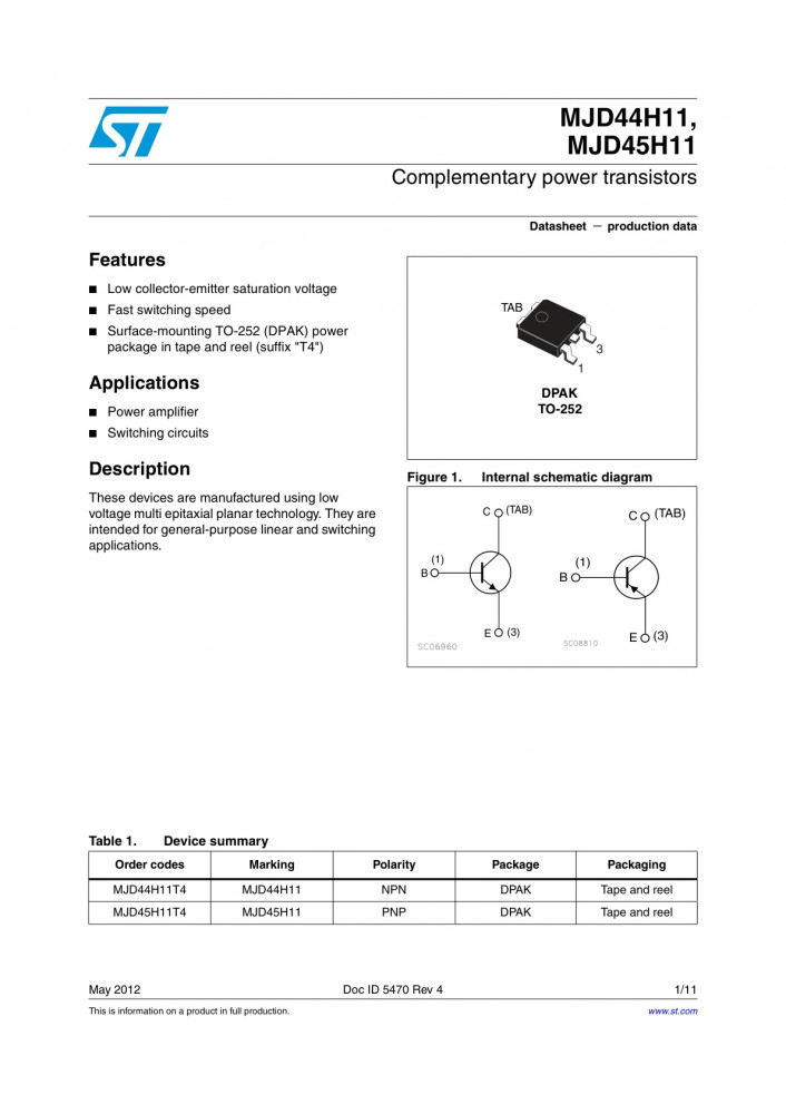 MJD44H11T4 datasheet page 1