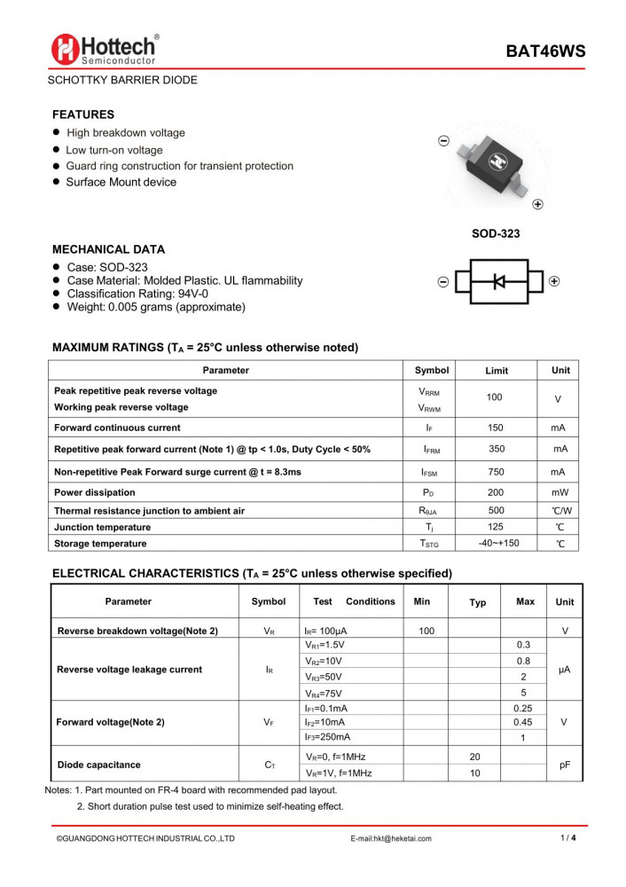 BAT46WS datasheet page 1