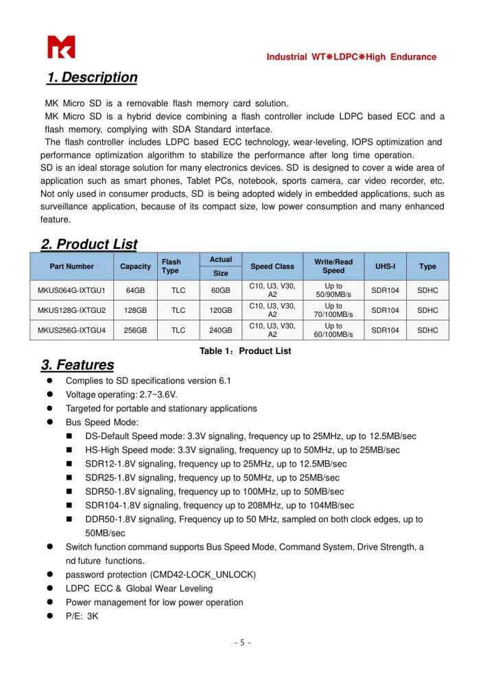 MK MicroSD datasheet page 5