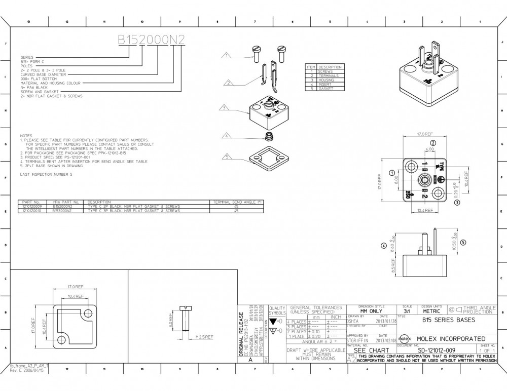 Technical drawing image for the B15 series base and part 1210120009
