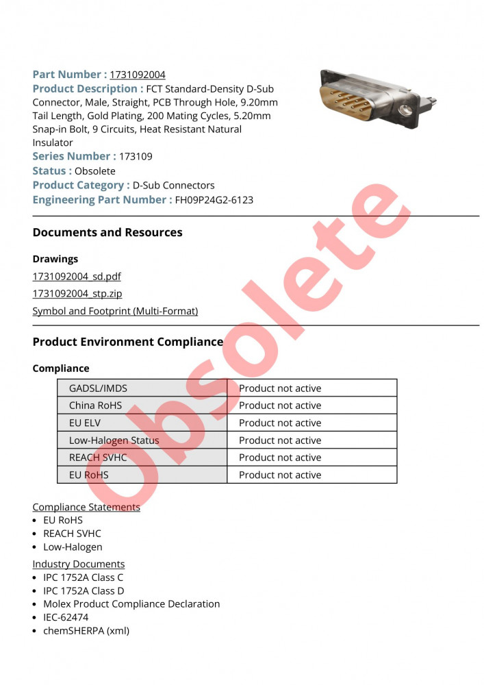 Technical document page 1 for MOLEX 1731092004