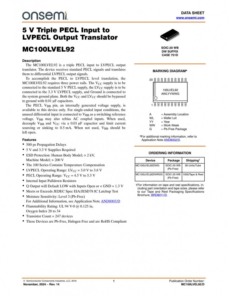MC100LVEL92 datasheet page 1