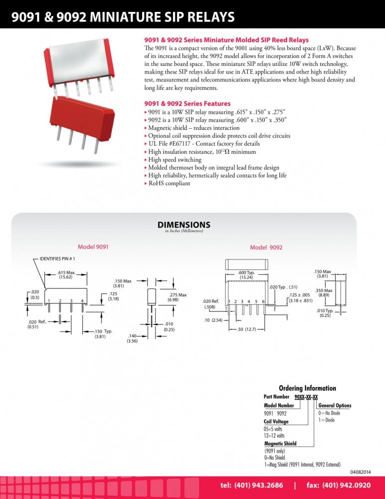 COTO 9091 and 9092 miniature SIP relay datasheet page 1