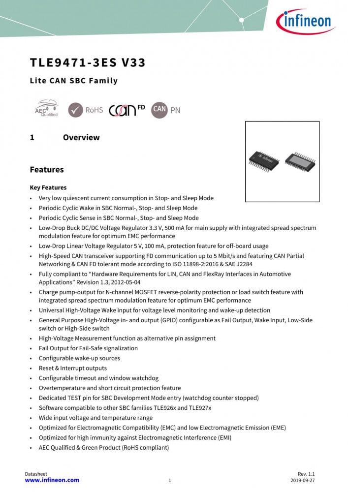 TLE94713ESV33XUMA1 datasheet page 1