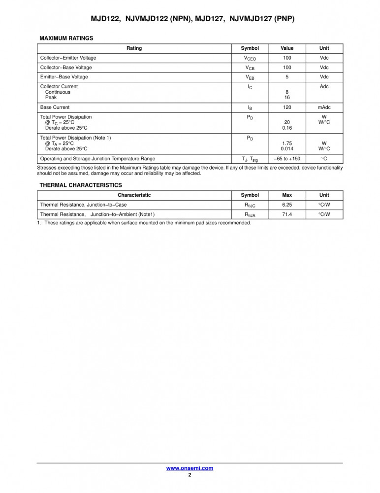 MJD127T4G datasheet page 2