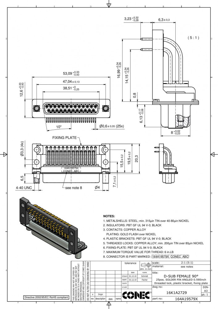 CONEC 164A19579X drawing sheet 1: connector construction and material notes