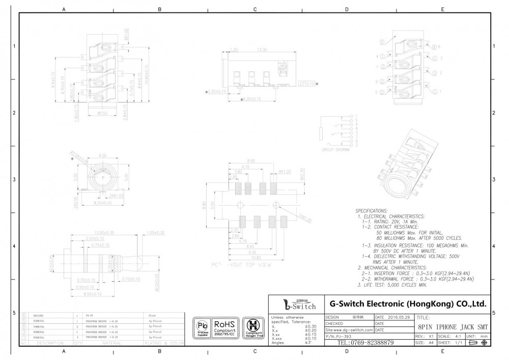 PJ-393-8P technical drawing page 1