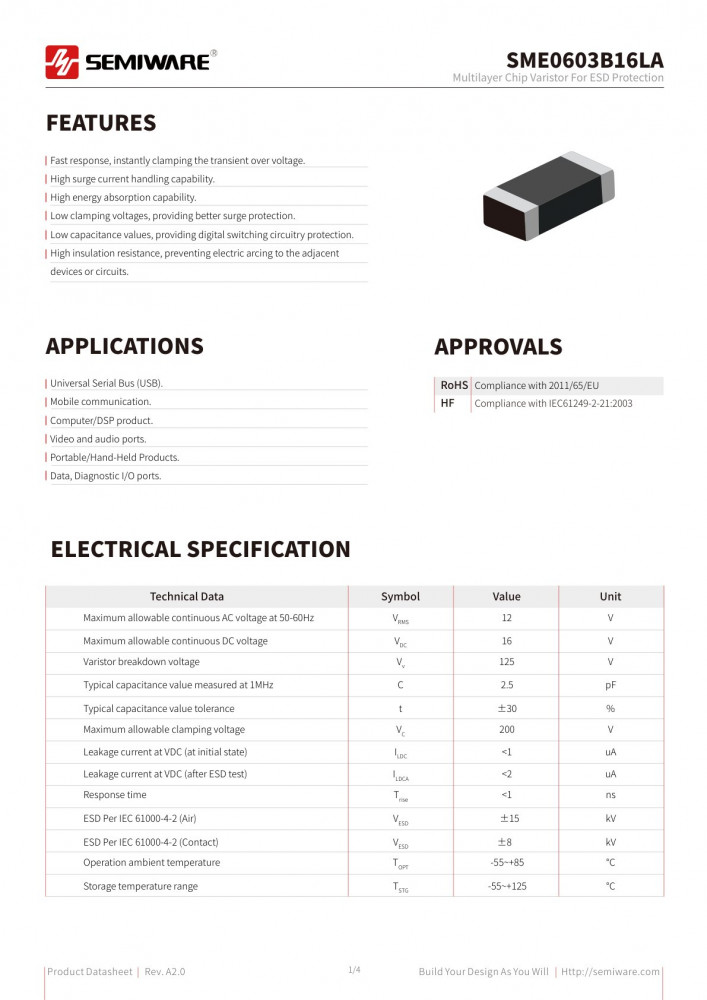 SME0603B16LA technical document page 1