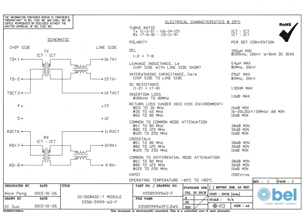 Bel Fuse S558-5999-W2-F electrical specification drawing