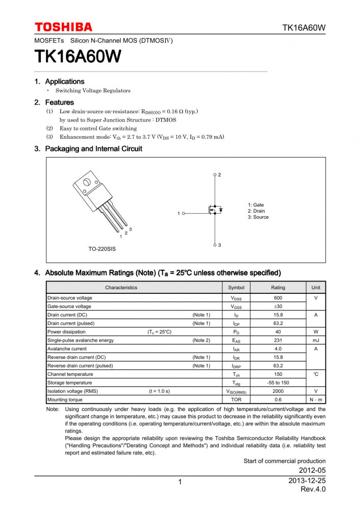 TK16A60W datasheet page 1