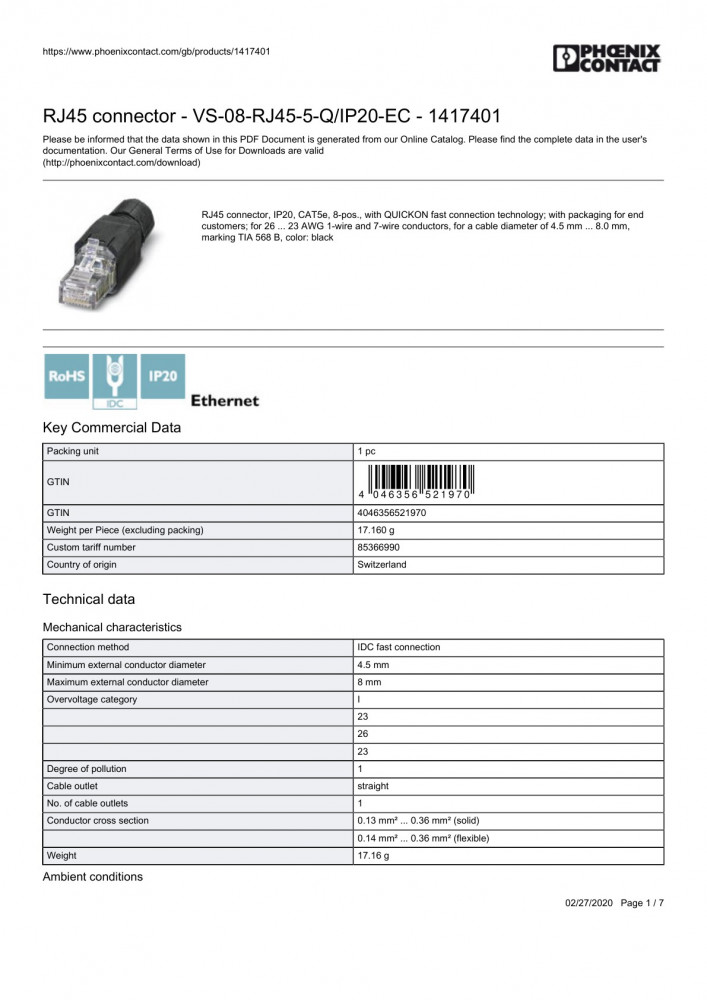 Phoenix Contact 1417401 technical document page 1