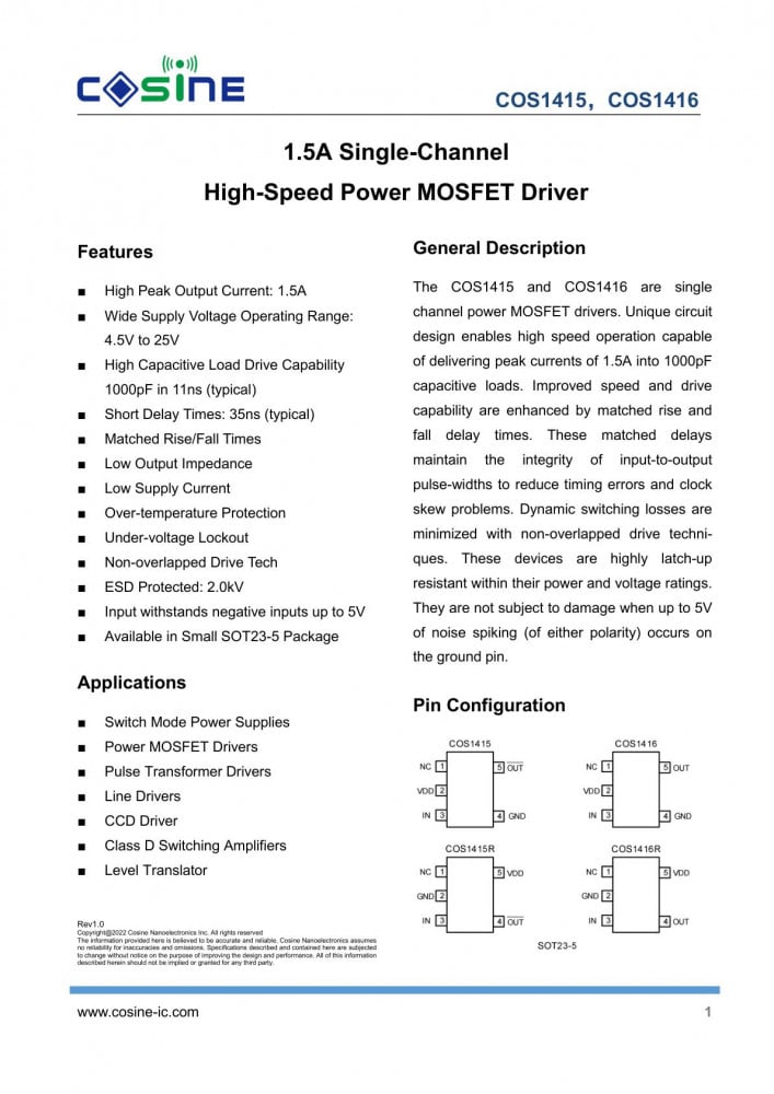 COS1416R datasheet page 1