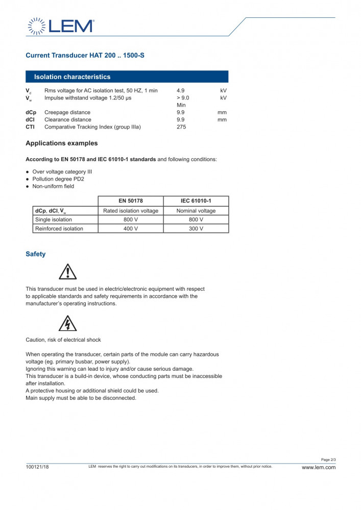 LEM HAT800-S technical documentation page 2