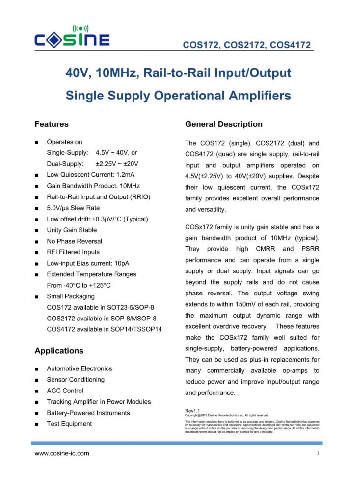 COS2172SRA datasheet page 1