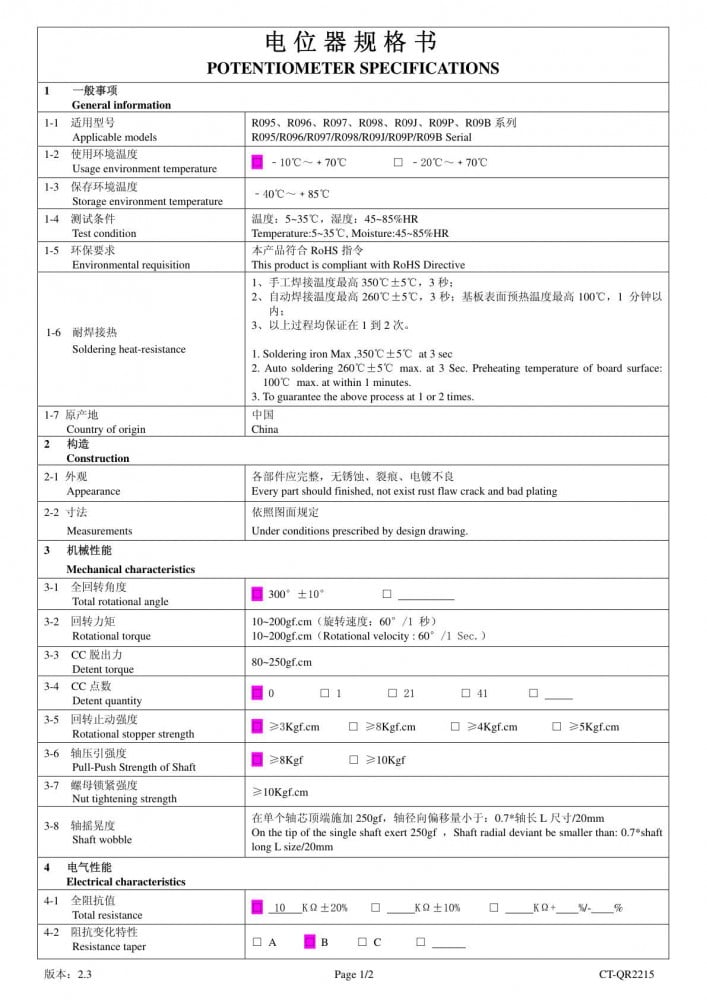 CTR R095 potentiometer specification page 1