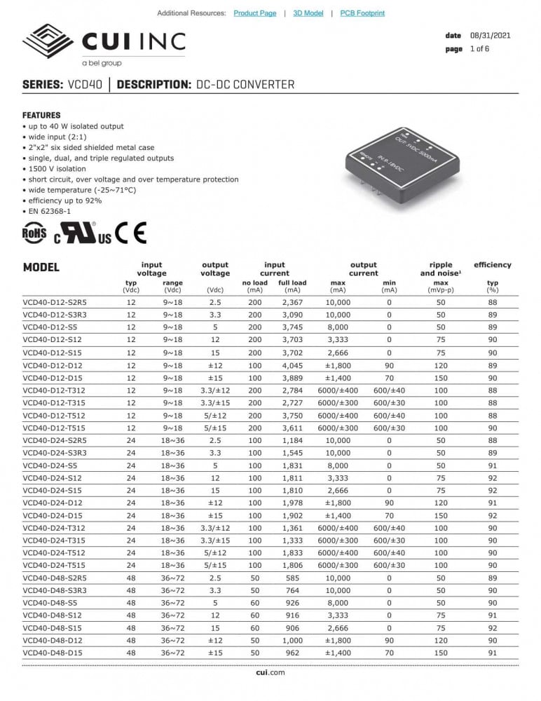CUI VCD40 datasheet page 1