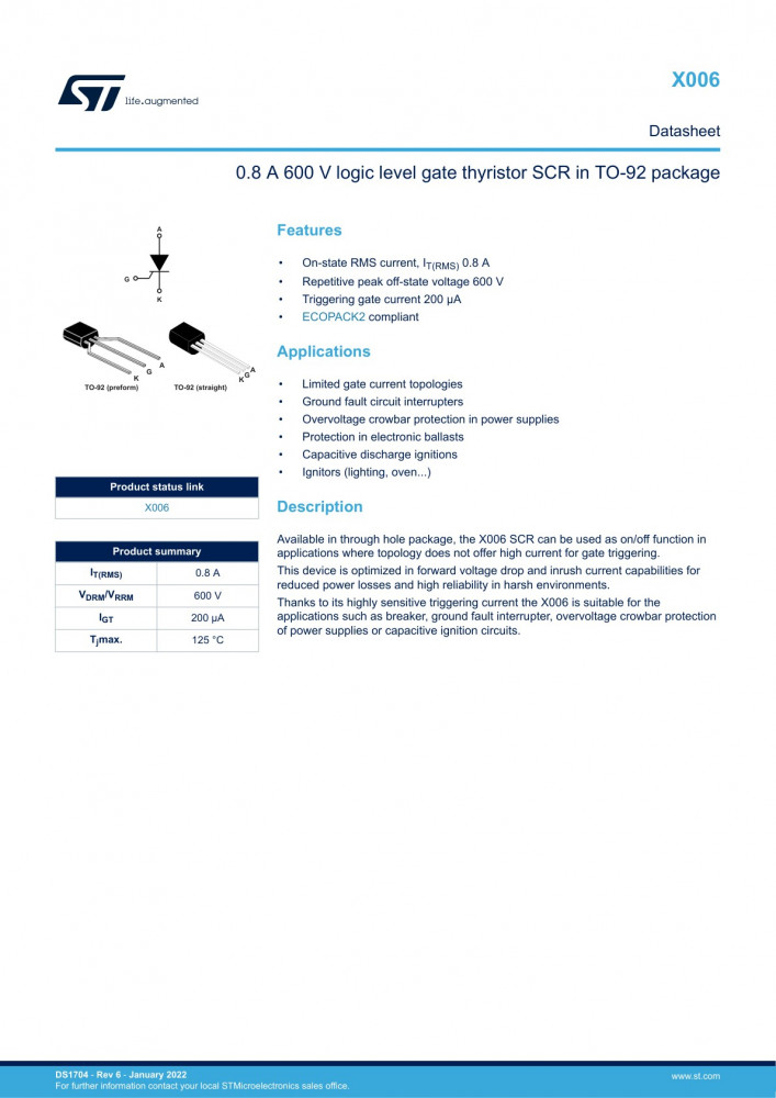 X006 SCR datasheet page 1