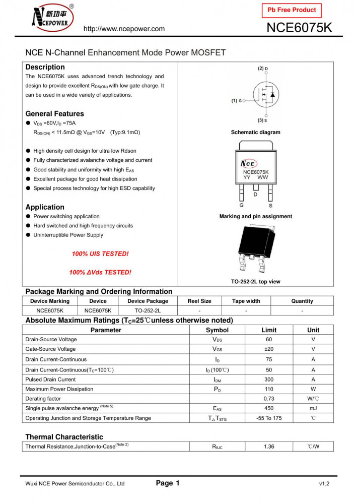 NCE6075K datasheet page 1