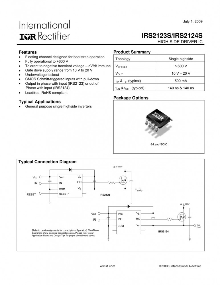 IRS2123SPBF datasheet page 1