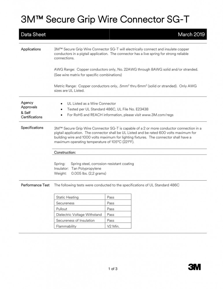 3M Secure Grip Wire Connector SG-T datasheet page 1