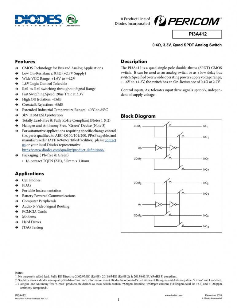 PI3A412ZHEX datasheet page 1