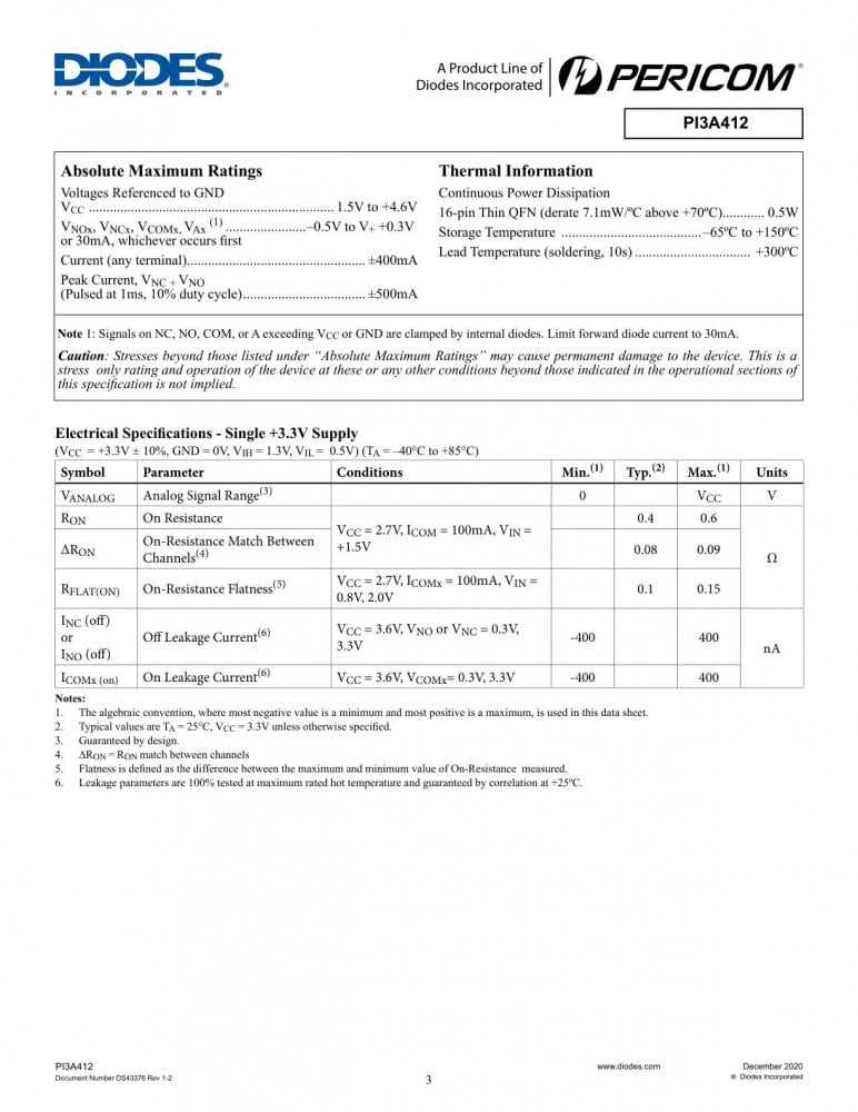 PI3A412ZHEX datasheet page 3