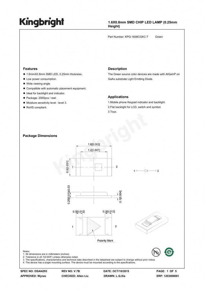 KPG-1608CGKC-T datasheet page 1