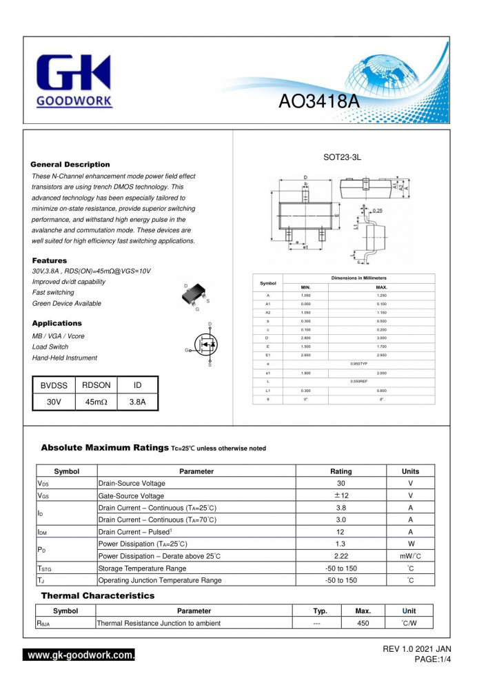 AO3418A technical document page 1