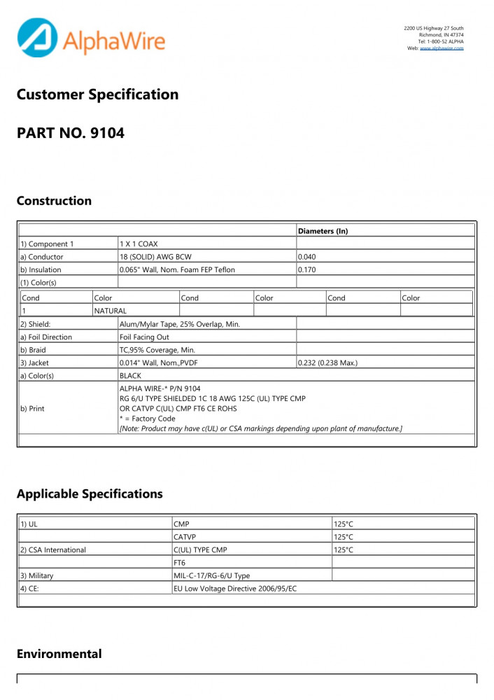 Alpha Wire 9104 BK001 specification page 1