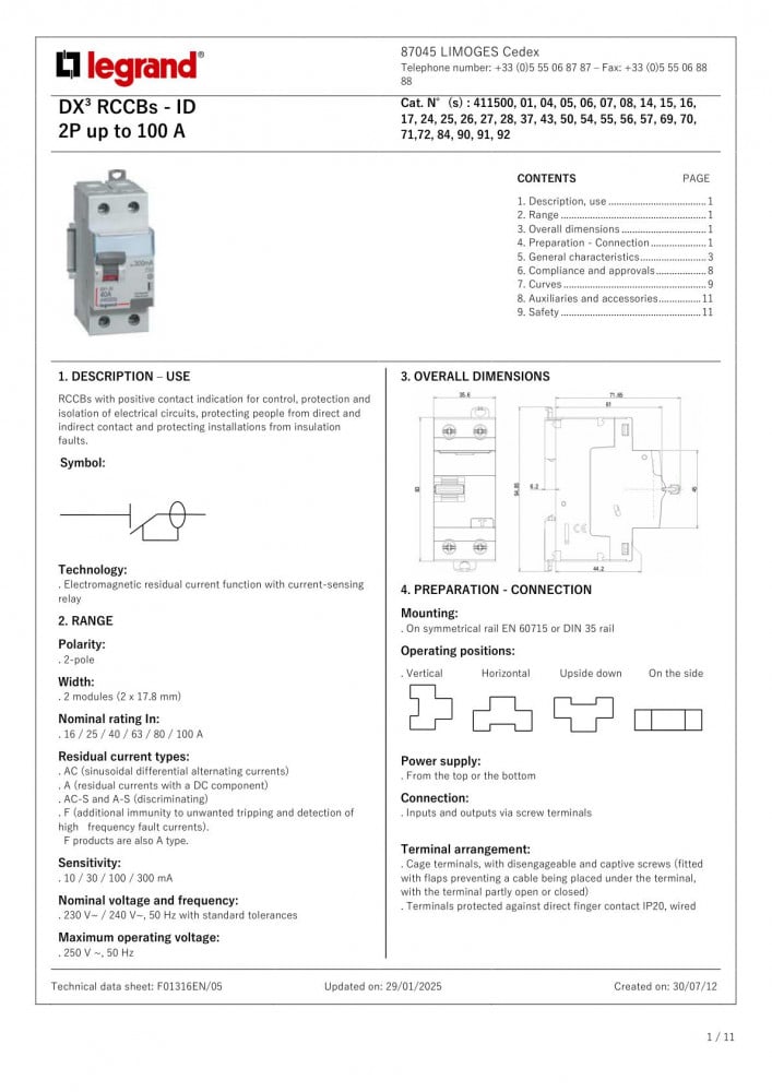 Legrand RCCB technical document, page 1
