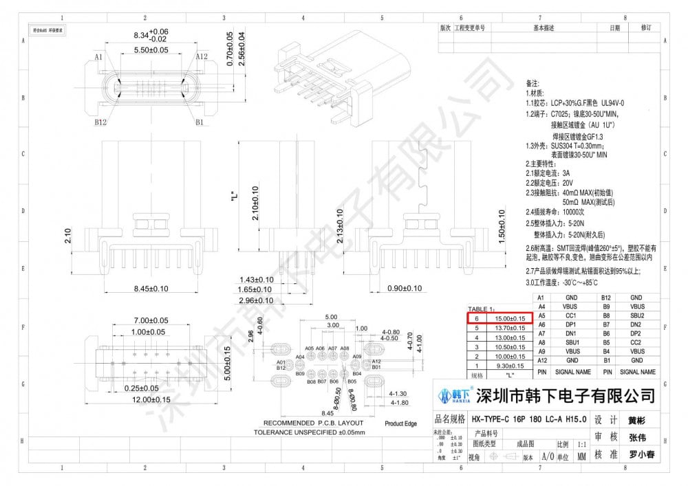 HX-TYPE-C 16P 180 LC-A H15.0 technical document preview